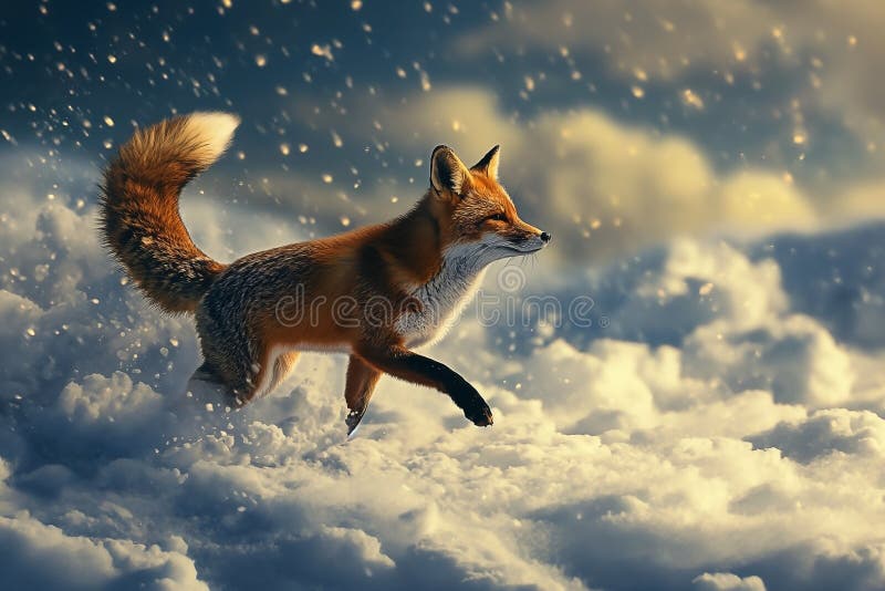 European Red Fox (Vulpes Vulpes) Running through Deep Snow and Cloud ...