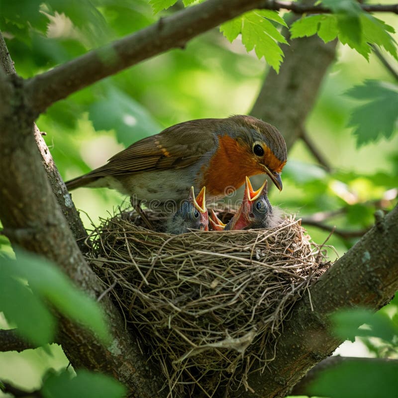 A European Robin Feeding Its Chicks in a Nest Stock Image - Image of ...