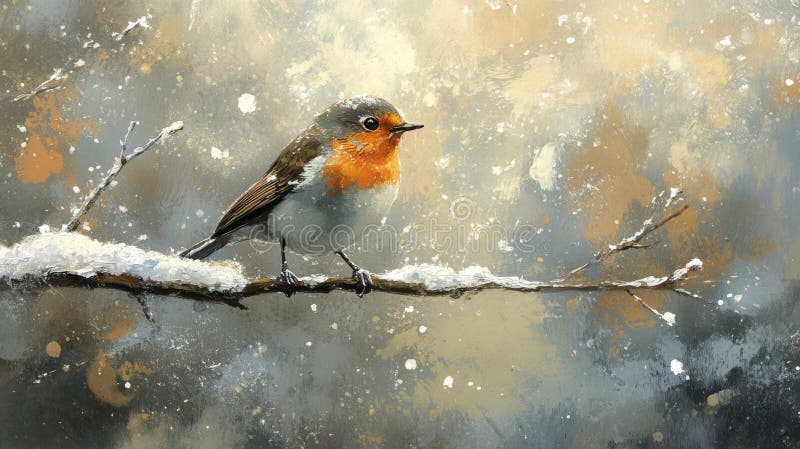 A European Robin Perched on a Snowy Branch in Winter Stock Illustration ...