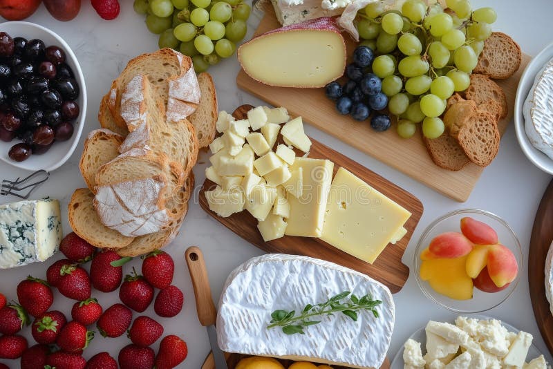 European-style Cheese Tasting with Bread and Fruit Pairings.a Table is ...