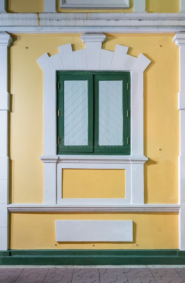 European Style Window on Yellow and White Wall. Stock Image - Image of ...