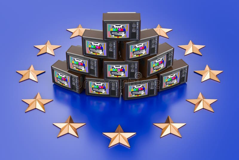 European Television Concept. TV Sets on the Map of the EU, 3D Rendering ...