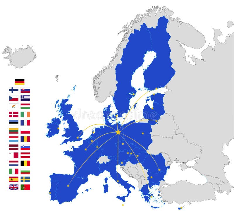 European Union Map with Borders and Flags Stock Vector - Illustration ...