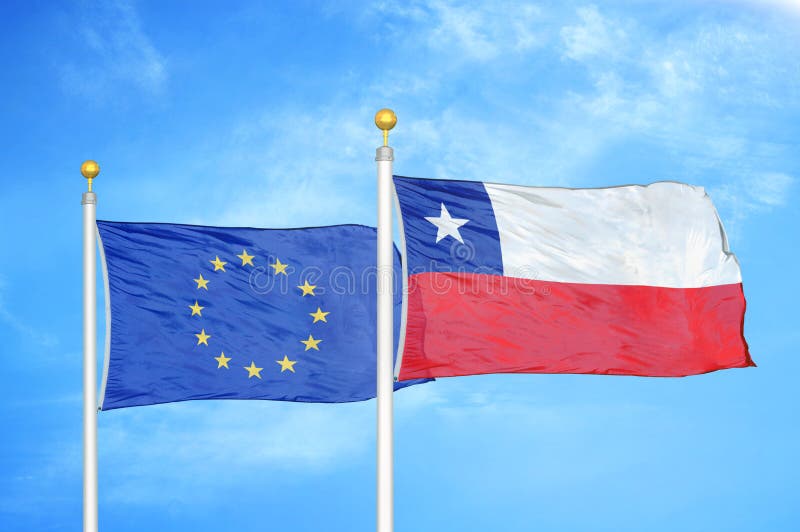 European Union and Chile Two Flags on Flagpoles and Blue Cloudy Sky ...