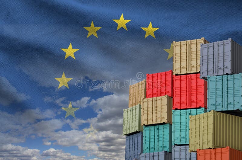 European Union Flag and Big Stack of Shipping Cargo Containers in Docks ...