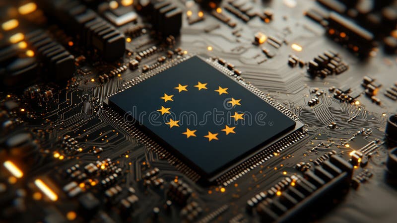 European Union Flag on Computer Chip Representing Technological ...