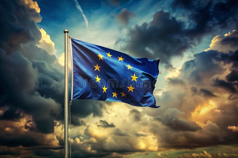 European Union Flag Draped Against a Dramatic Sky a Symbol of Unity and ...