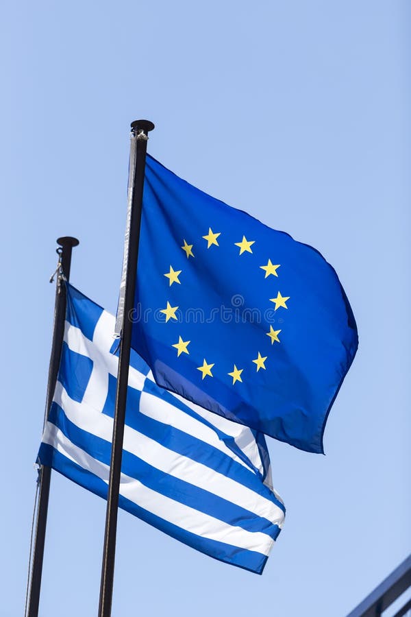 European Union Flag and Greek Flag, Waving in the Wind Stock Image ...