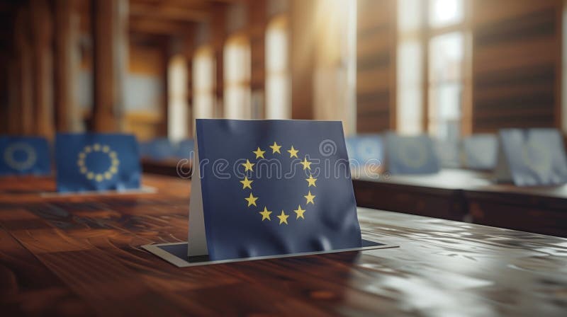 European Union Flag Placed on a Table in European Parliament Setting ...