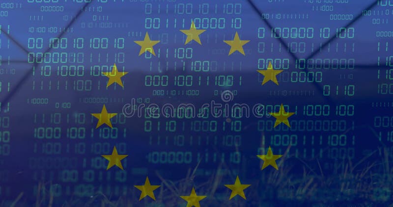 European Union Flag Waving with Binary Code Animation Over Scenic ...