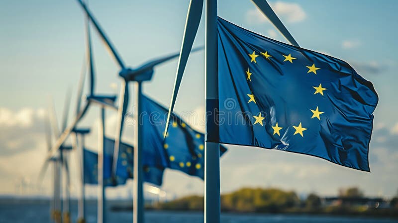 European Union Flag Waving in Front of Wind Turbines Stock Image ...