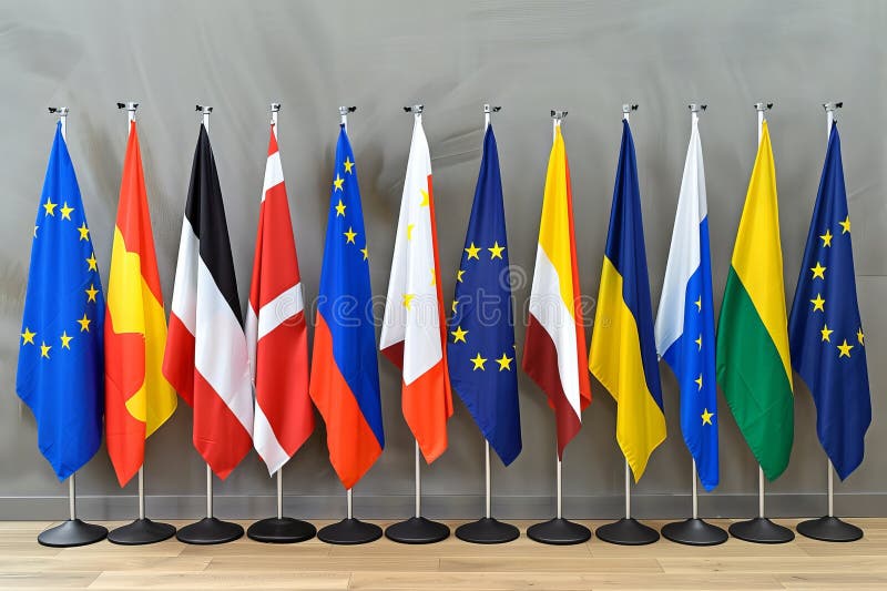 European Union Flags Arranged in a Row for an International Display of ...