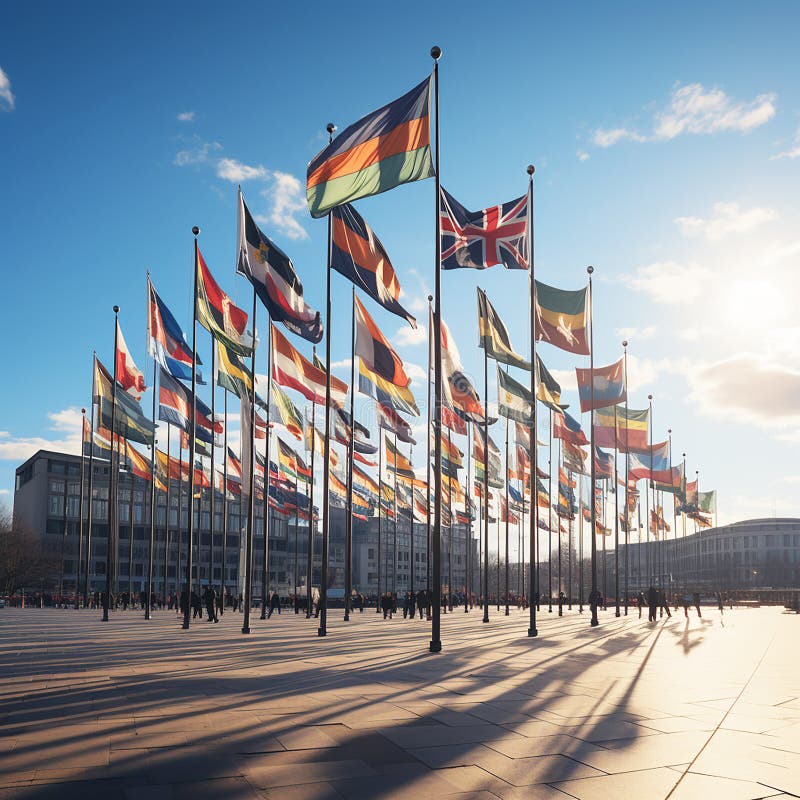 European Union Flags on the Flagpole in the Square Stock Illustration ...