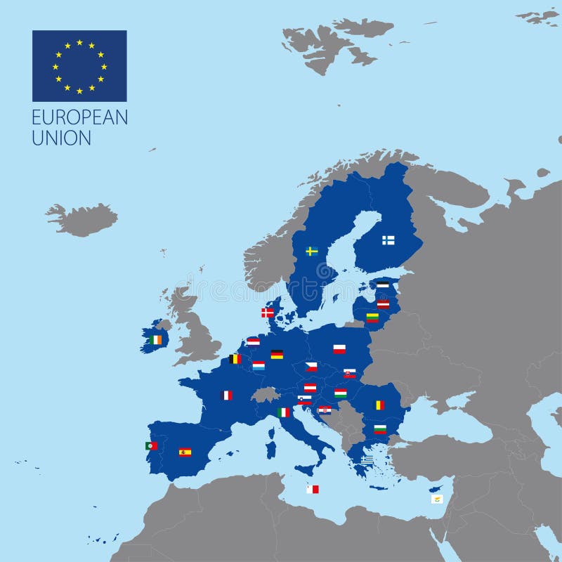 European Union Map with Borders and Flags Stock Vector - Illustration ...