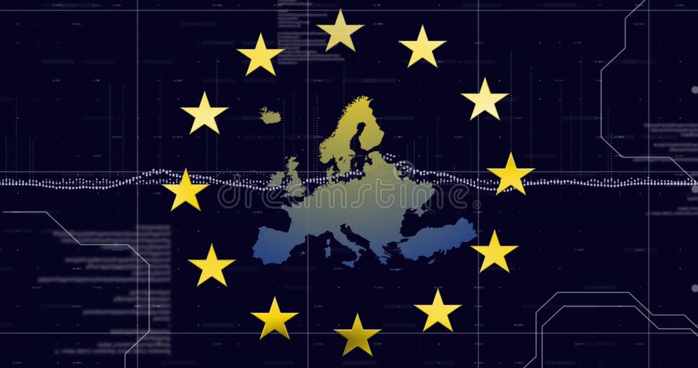 European Union Stars Image Over Map of Europe with Data Processing ...