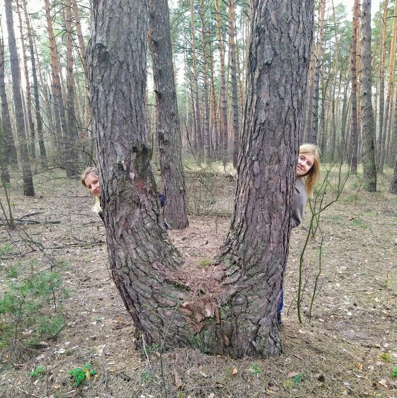 Women Stand Behind Tree at Spring Forest Stock Photo - Image of emotion ...