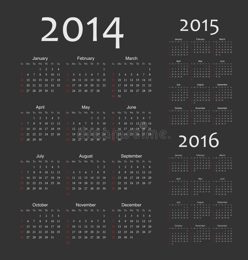 European 2014, 2015, 2016 Year Vector Calendar Stock Vector ...