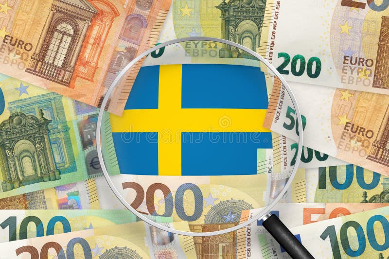 Euros with Flag of Sweden View through Magnifying Glass Stock Image ...