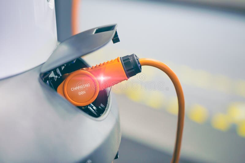 Ev Auto Of Elektrische Auto Op Laadstation Met Een Stroomkabel Die Is