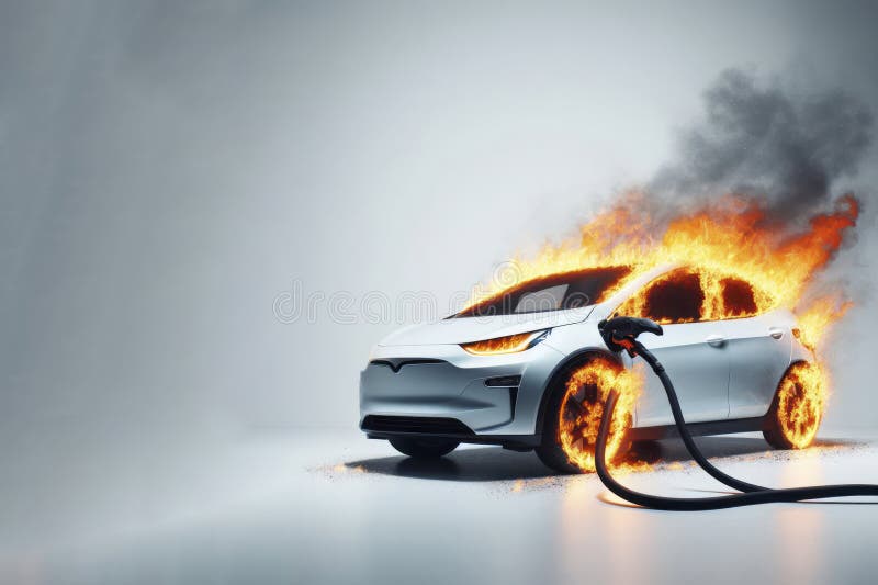 EV Car Fire while Charging. Fire Hazard from Car on Solid White ...