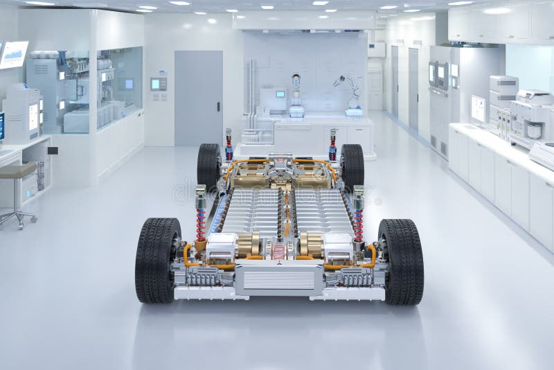 Ev Car with Pack of Battery Cells Module on Platform in Laboratory ...