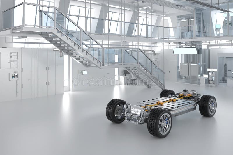 Ev Car with Pack of Battery Cells Module on Platform in Laboratory ...