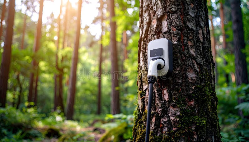 An EV Charger Plug Installed on a Large Tree in the Middle of the ...