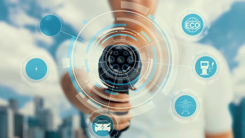 EV Charger Pointing in Front of Camera Display Hologram. Peruse Stock ...