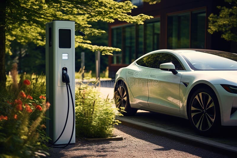 EV Charging Car on a Sunny Summer Day Ourside His Garage. Generative AI ...