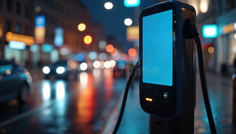EV Charging Station with Digital Screen Displaying Info about Charging Speed at Night. Modern ...