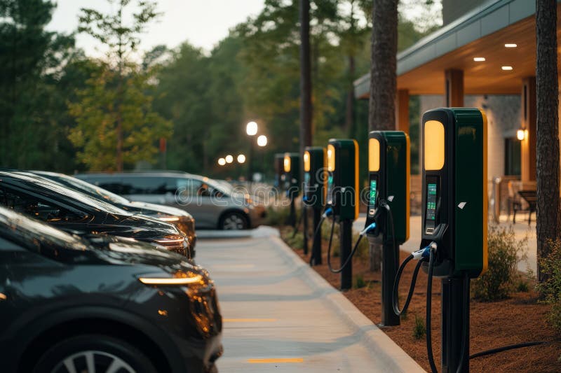 EV Charging Station with Glowing Indicators, Set in a Parking Lot Stock ...