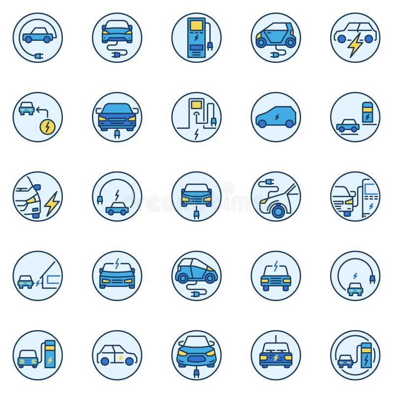 EV Colored Round Icons Set - Vector Electric Car Signs Stock Vector ...