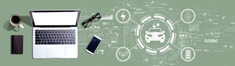 EV Concept with a Laptop Computer Stock Photo - Image of desk, green ...