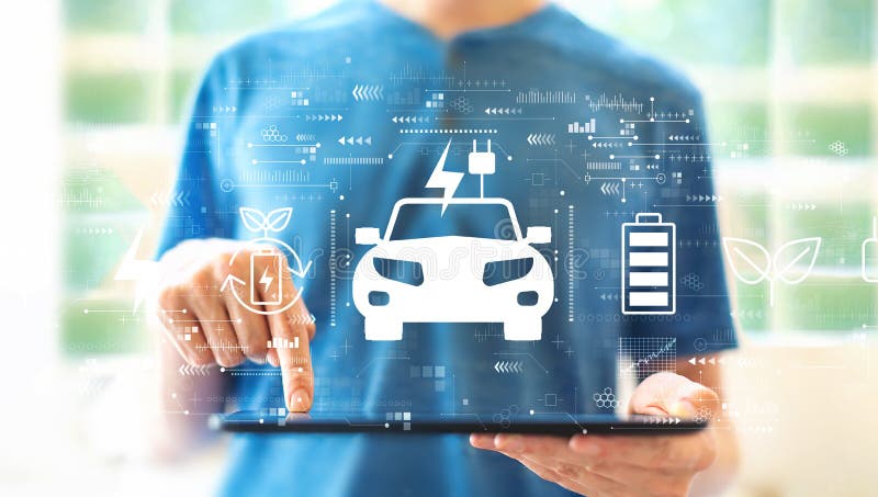 EV Concept with Man Using a Tablet Stock Photo - Image of green ...