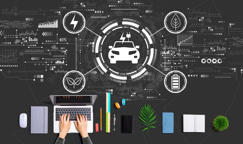 EV Concept with Person Using a Laptop Stock Illustration - Illustration ...