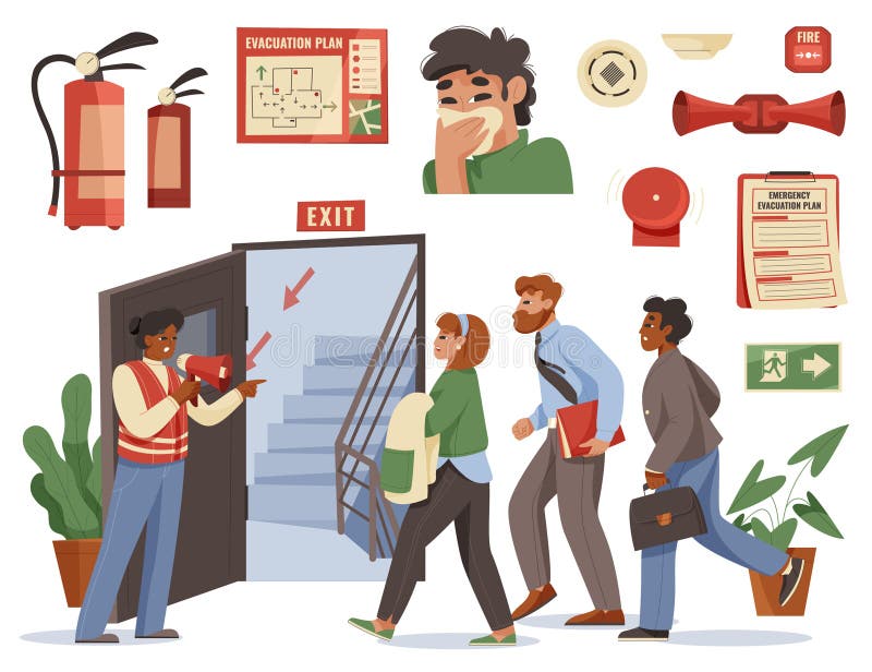 Evacuation Hand drawn set stock illustration. Illustration of emergency ...