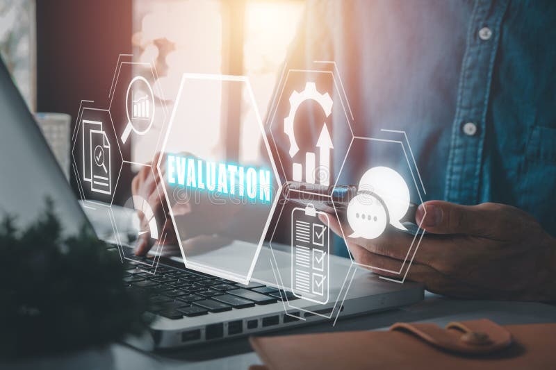 Person Hand Using Laptop Computer on Desk with Evaluation Icon on ...