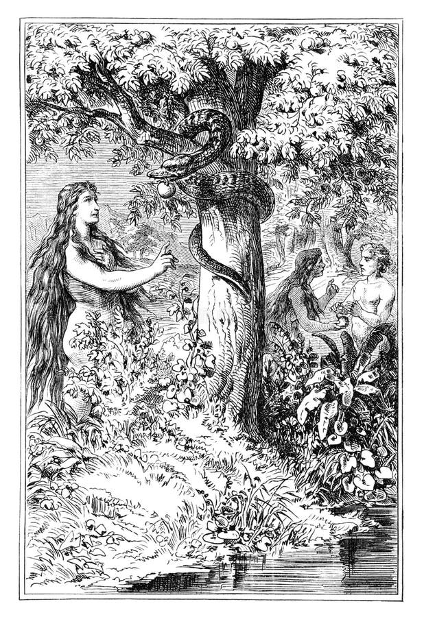 Eve Talking With Serpent And Adam About Fruit From Forbidden Tree In