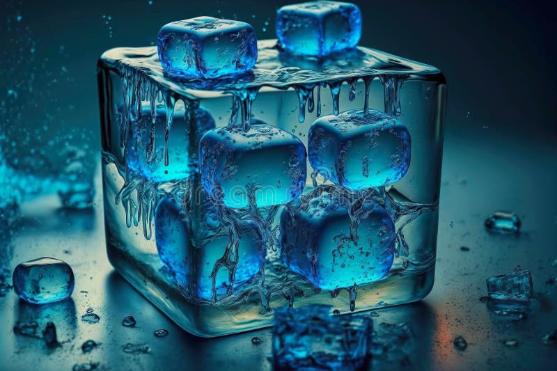 Even Ice Cubes Immersed in Liquid on Dark Blue Background Stock ...