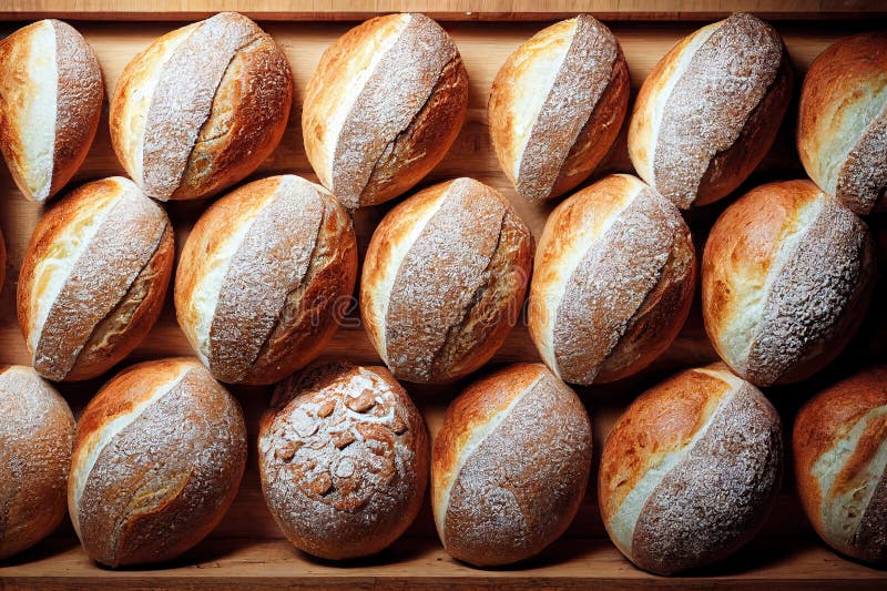 Even Row of Freshly Sourdough Baked Bread Lying in Bakery Stock Image ...