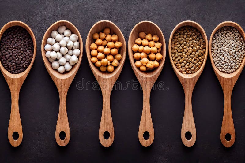 Even Row of Wooden Spoons Filled with Chickpeas Seeds of Different ... Even Row of Wooden Spoons Filled with Chickpeas Seeds of Different ...