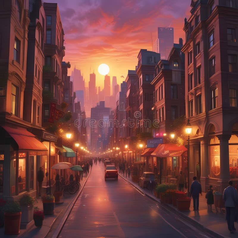 Evening alley at sunset stock illustration. Illustration of building ...