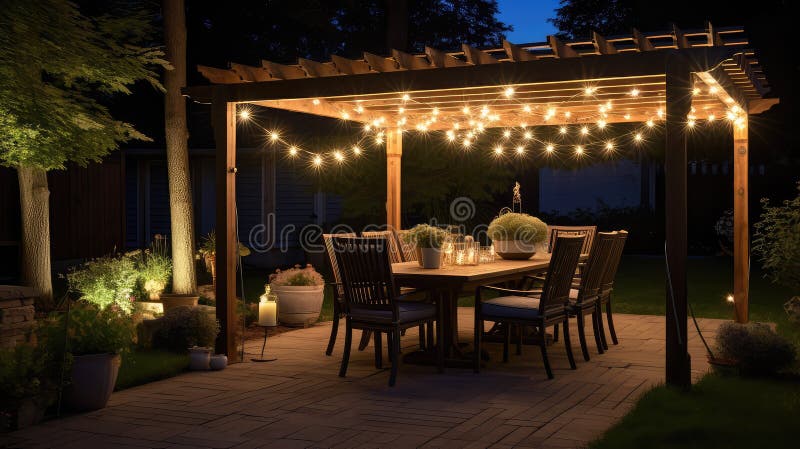 Evening back yard lighting stock illustration. Illustration of warm ...