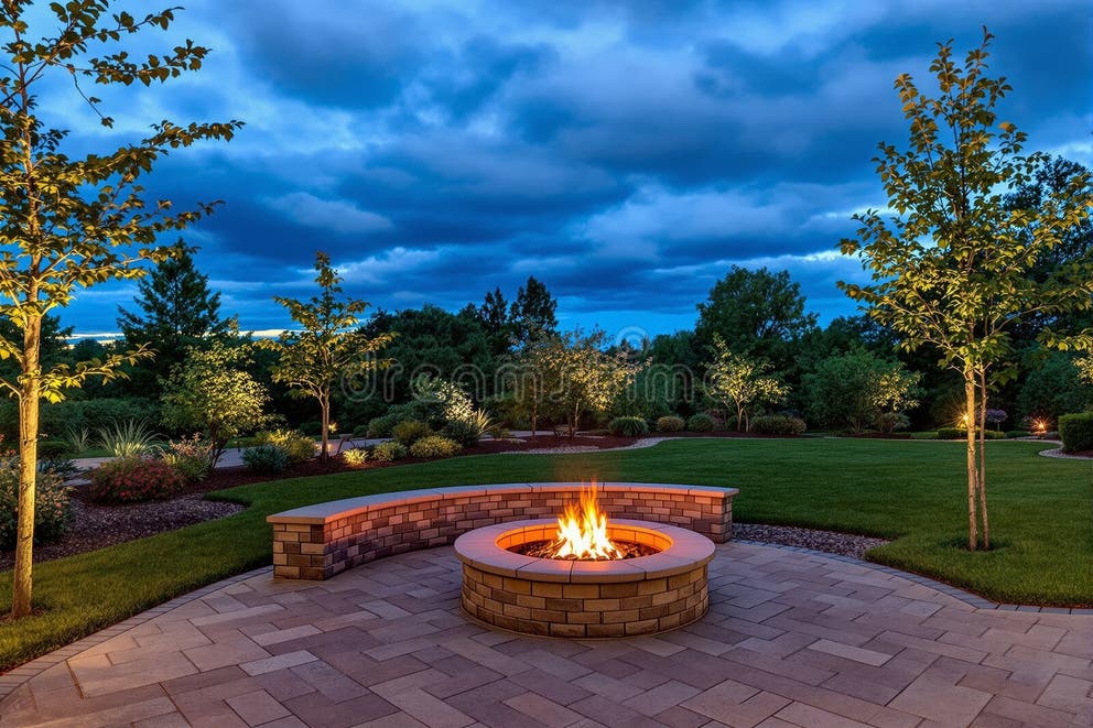 Evening Backyard Fire Pit Patio, Brick Design Landscape Lighting Stock ...