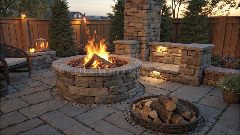 Evening Backyard Fire Pit Stone Structure, Burning Fire, Landscape ...