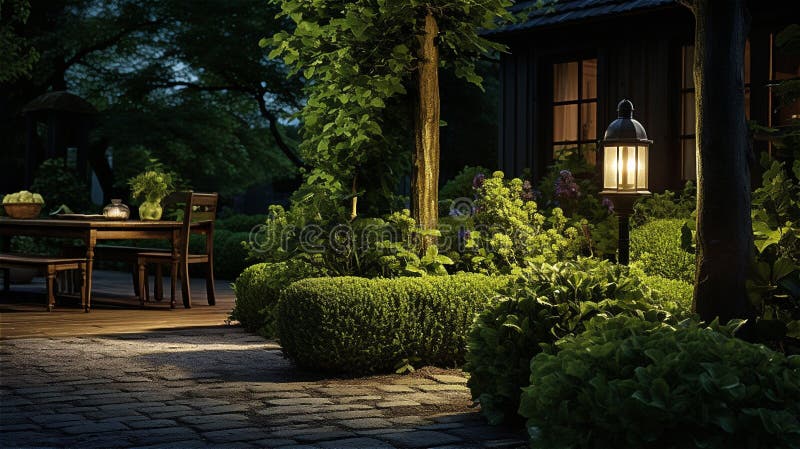 A Evening Backyard Terrace, with a Garden Lantern. Stock Illustration ...