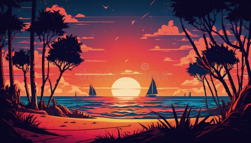 Evening on the Beach, Sunset Chill, Relax, Manga Style, Comic ...