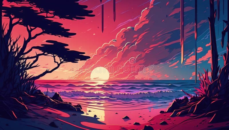 Evening on the Beach, Sunset Chill, Relax, Manga Style, Comic ...