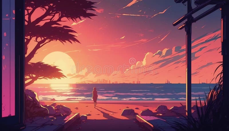 Evening on the Beach, Sunset Chill, Relax, Manga Style, Comic ...