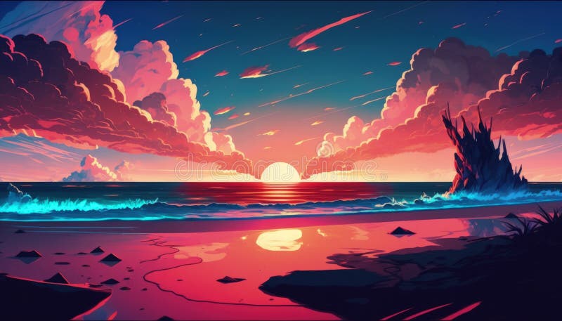 Evening on the Beach, Sunset Chill, Relax, Manga Style, Comic ...